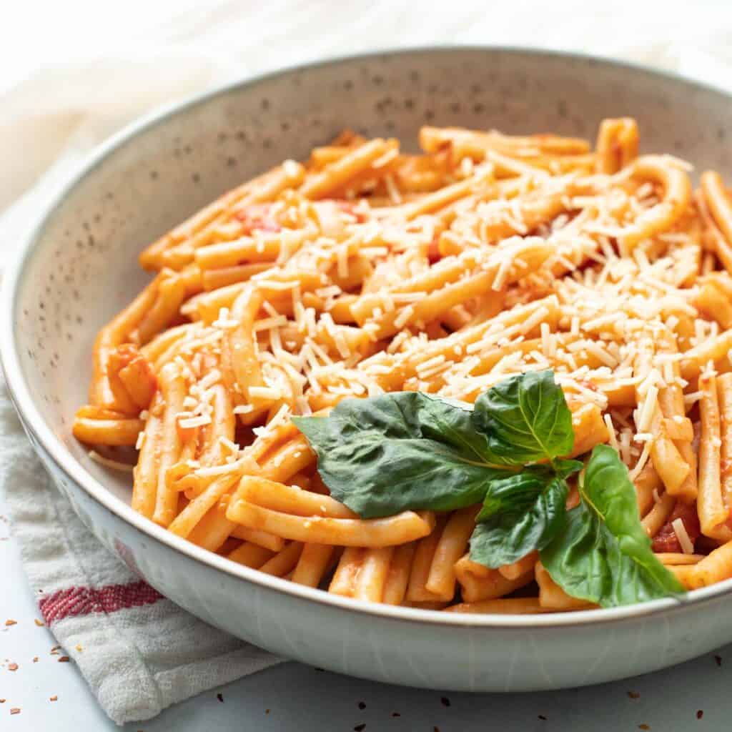 Casarecce Pasta with Creamy Tomato Sauce - Keeping the Peas